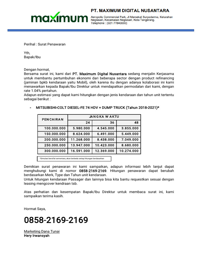 Surat Penawaran Dana Tunai-1 | PDF