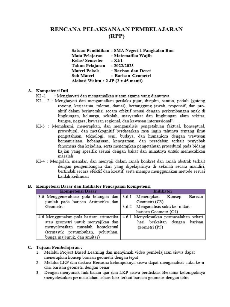 RPP PJBL TPACK Barisan Aritmatika Dan Geometri | PDF