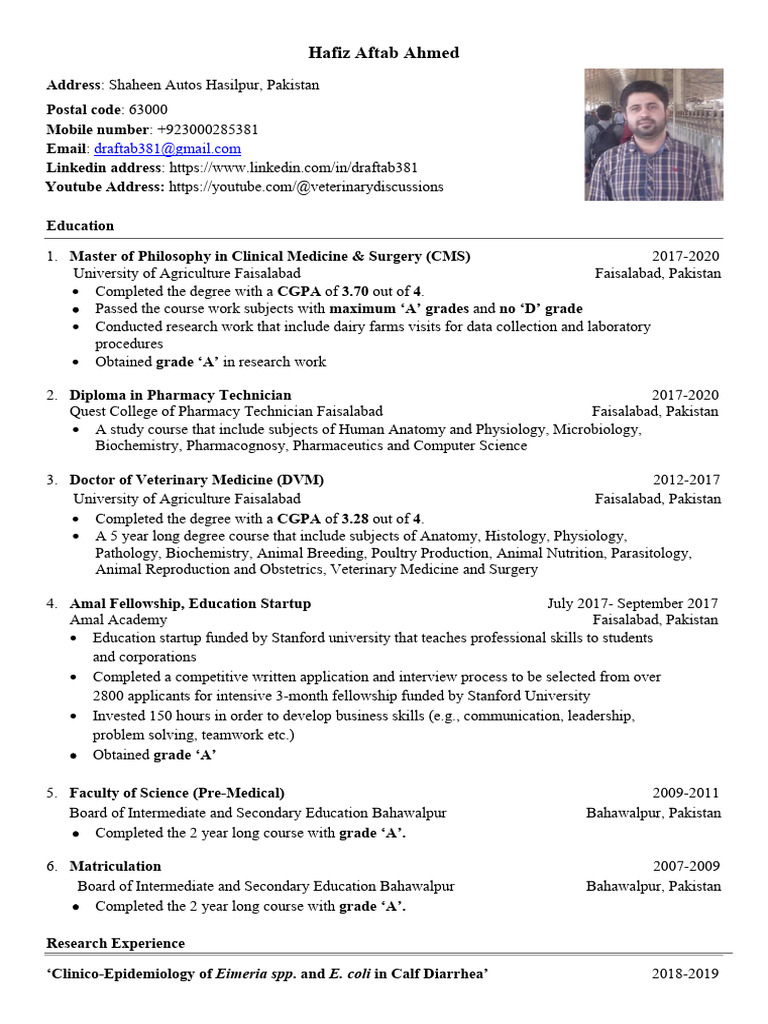 Hafiz Aftab Ahmed CV | PDF | Dairy Cattle | Cattle