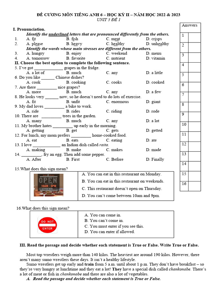 Đề Cương Môn Tiếng Anh 6 - HK2-2223 | PDF