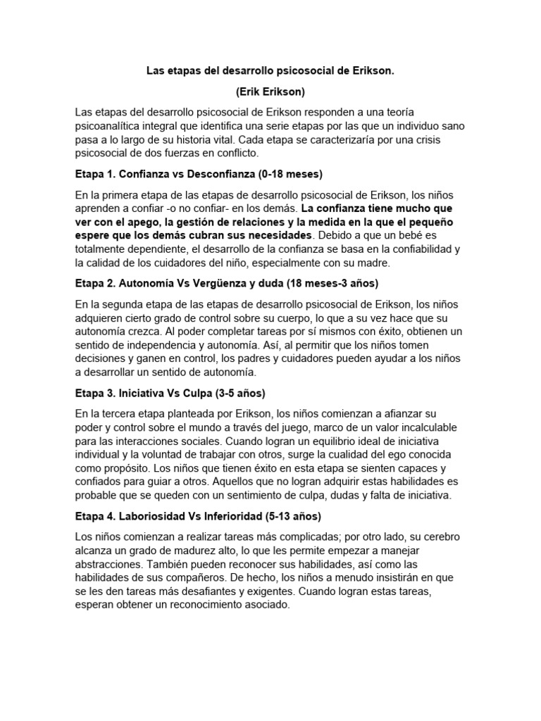 Las Etapas Del Desarrollo Psicosocial de Erikson | PDF | Crecimiento ...