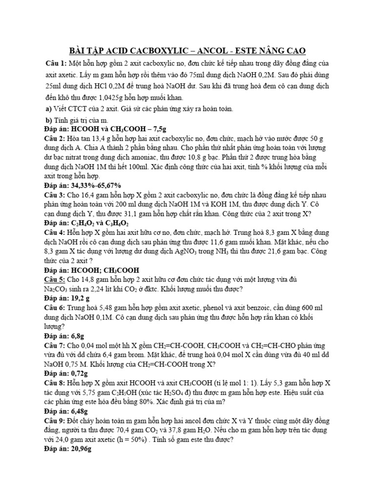 Bài Tập Acid Cacboxylic - Ancol - Este Nâng Cao | PDF
