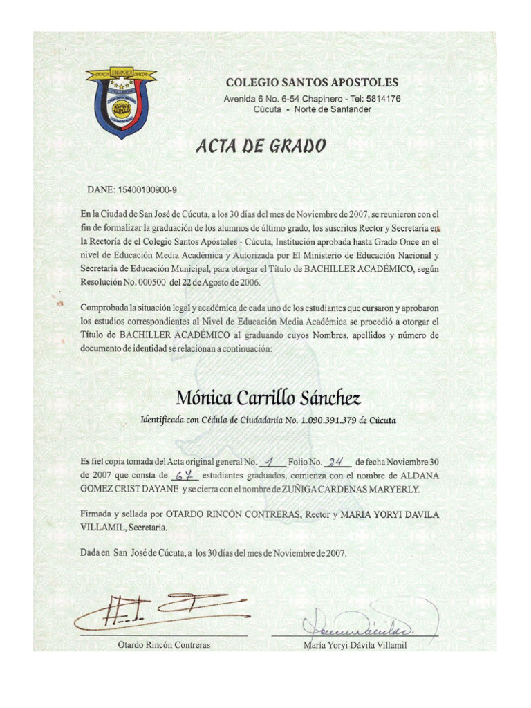 Acta de Grado Colegio | PDF