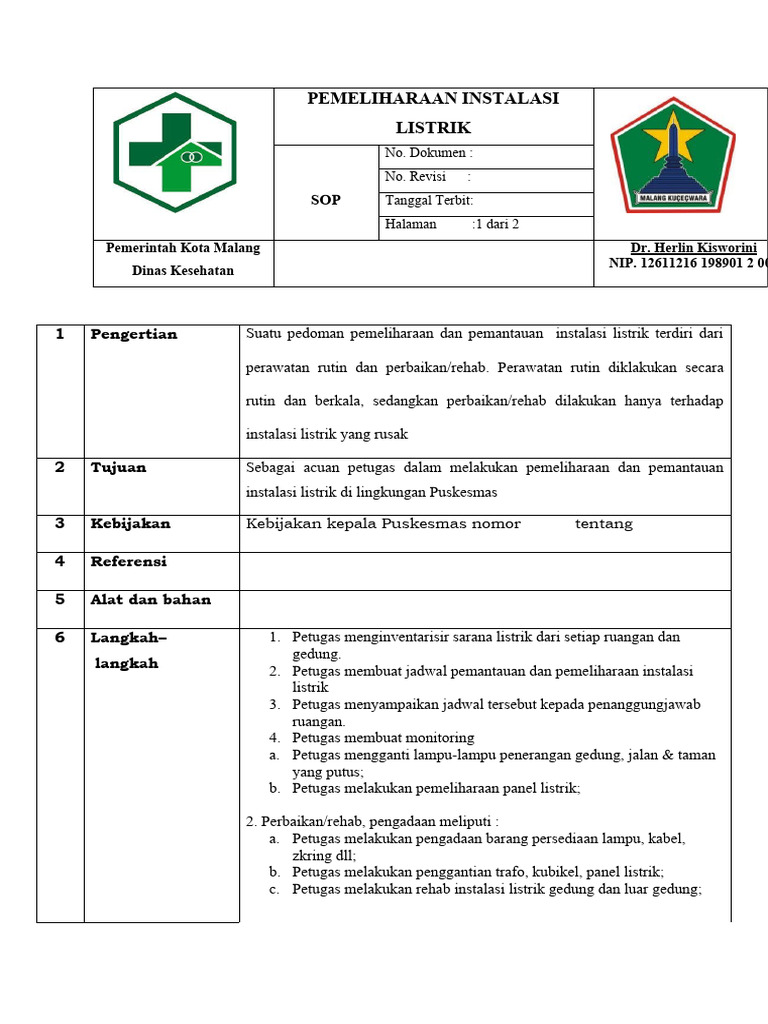 8.5.1.2 SOP pemeliharaan instalasi listrik | PDF