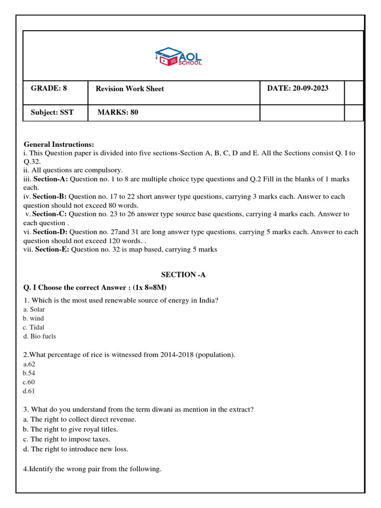 Grade 8 SA1 Work Sheet | PDF