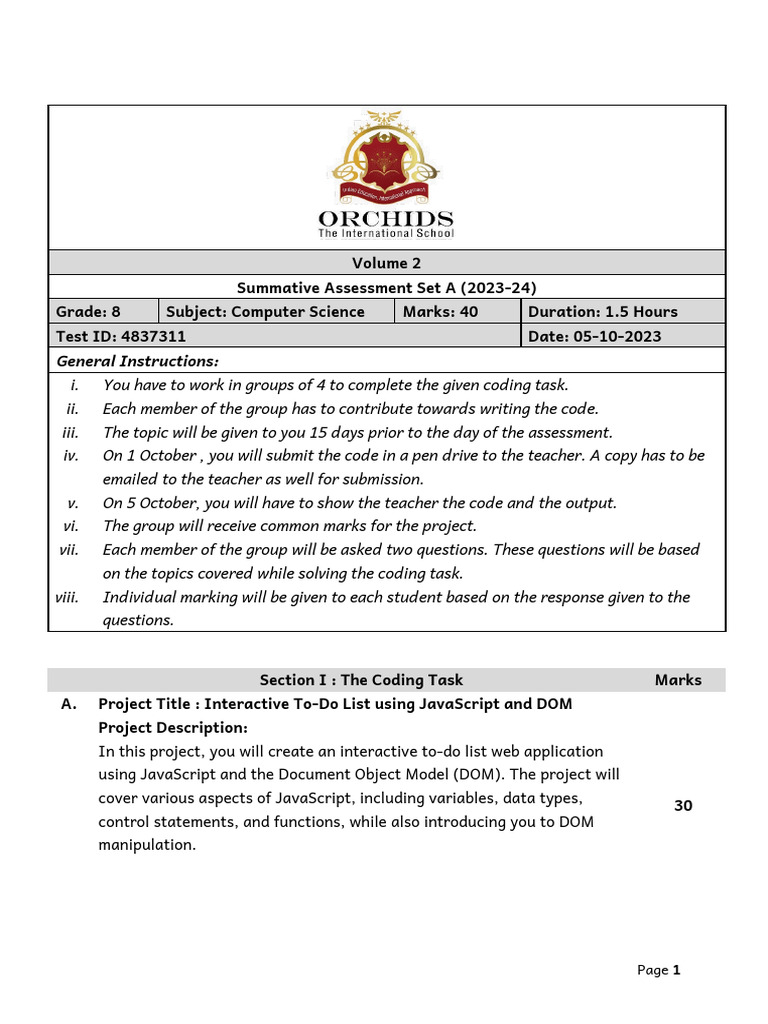 SA1 Computer Science Final Paper G8 Set A | PDF