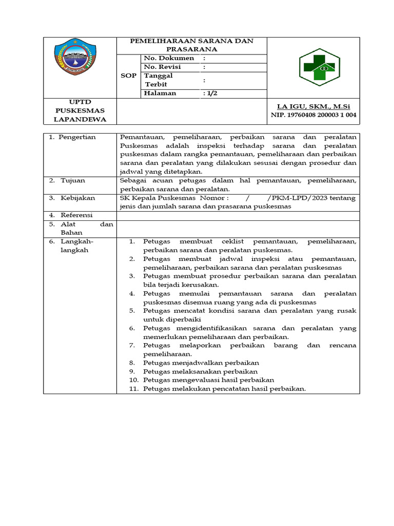 Sop Pemeliharaan Sarana Dan Prasarana | PDF