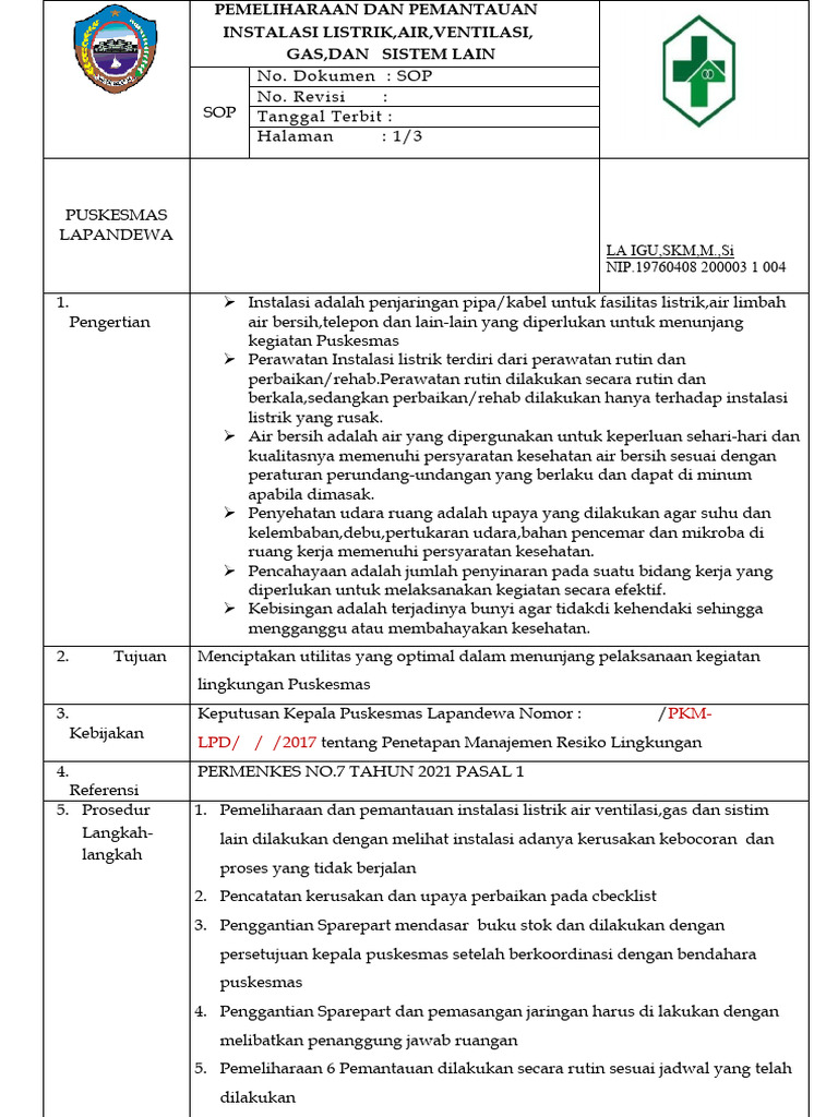 Sop Pemeliharaan Dan Pemantauan Sistem Utilitas | PDF | Hukum | Sains & Matematika