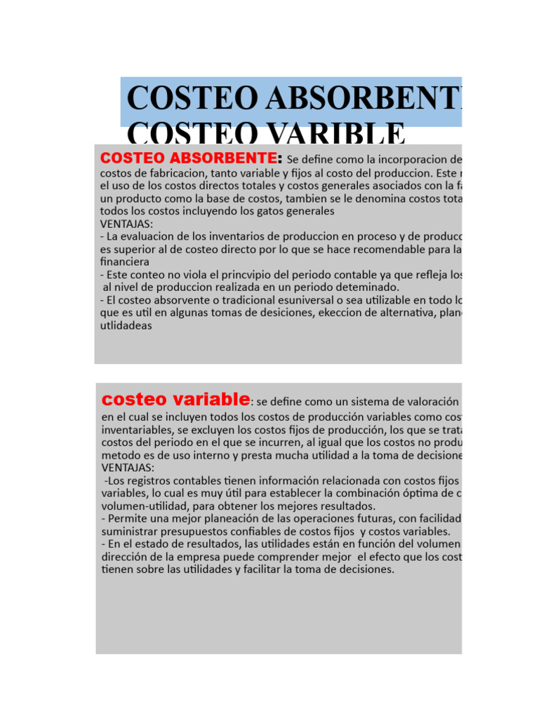 Costeo Absorbente vs Variable: Comparativa | PDF | Contabilidad | Presupuesto