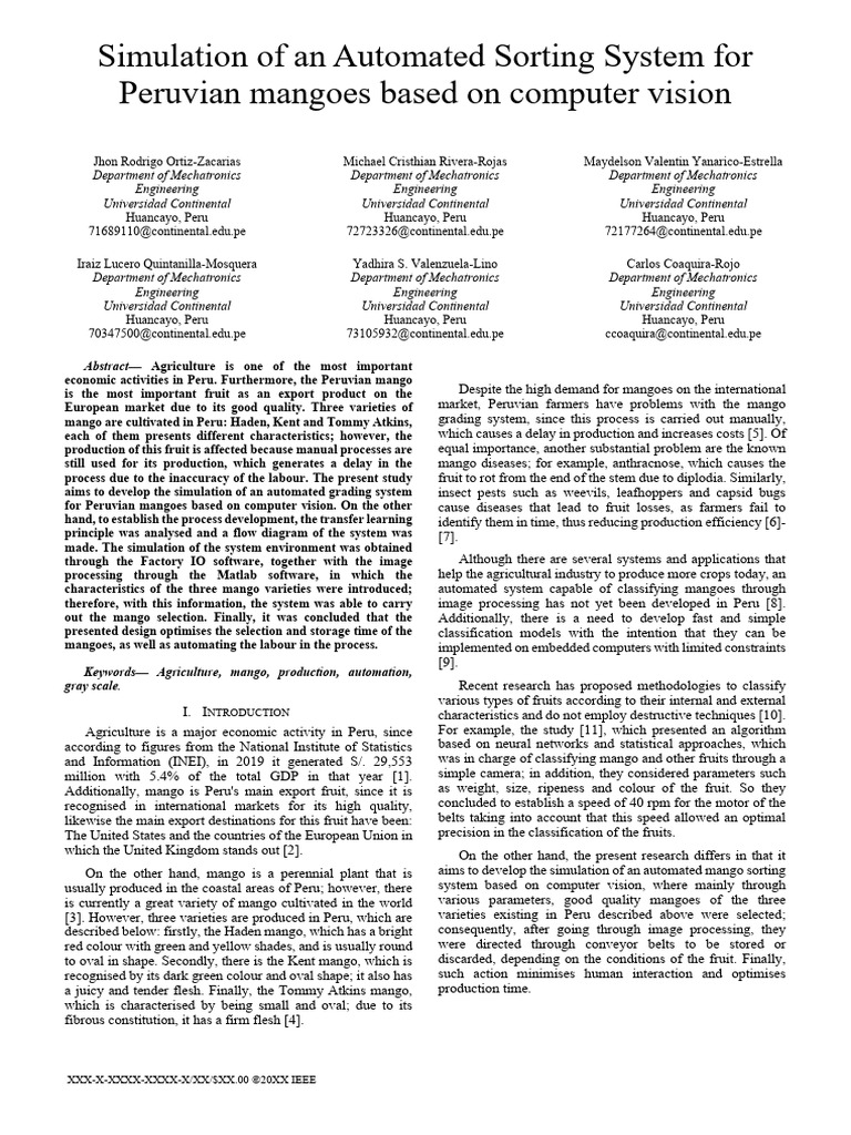 Simulation of An Automated Sorting System For Peruvian Mangoes Based On Computer Vision | PDF ...