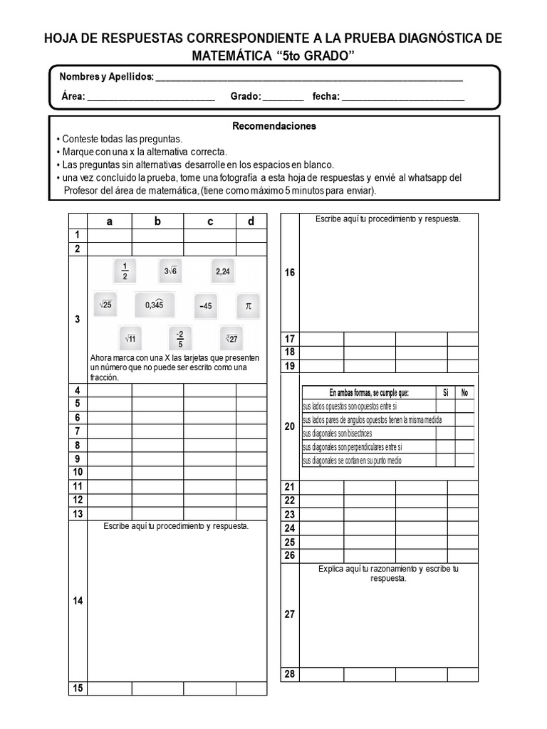 Hoja de Respuestas Prueba Matemática 5to | PDF