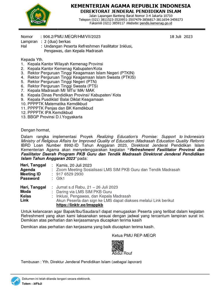 UNDANGAN PESERTA REFRESHMENT FASILITATOR INKLUSI, PENGAWAS, DAN KEPALA MADRASAH tte-KAL-TENG | PDF