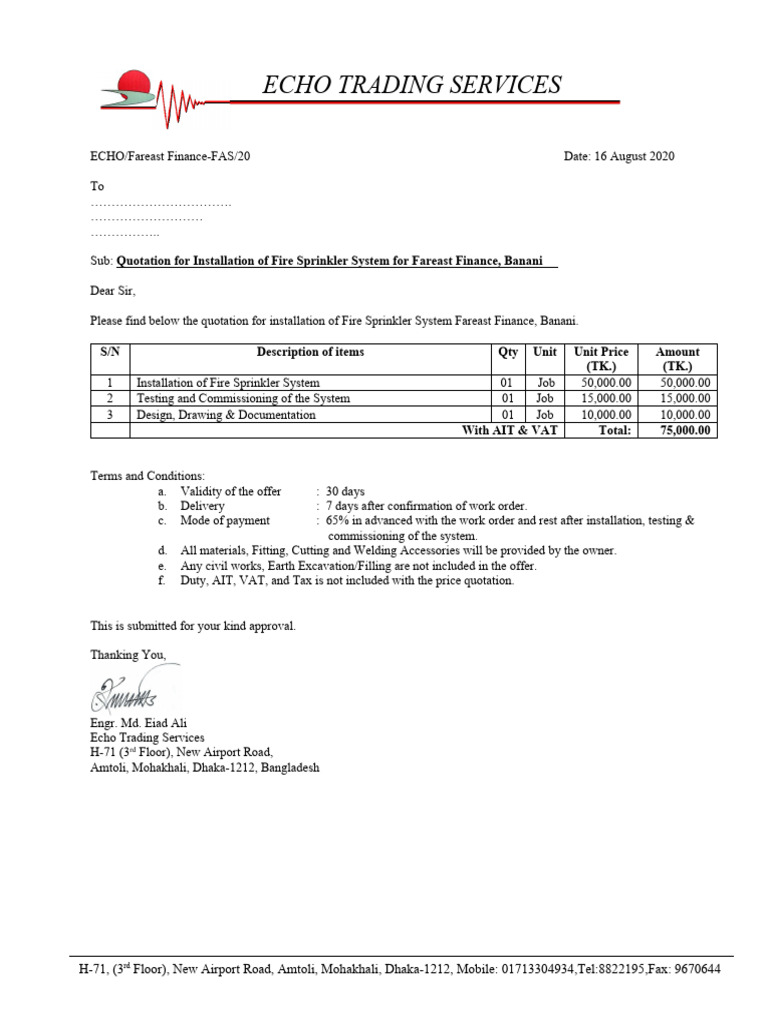 Quotation For Installation of Fire Sprinkler System For Fareast Finance ...