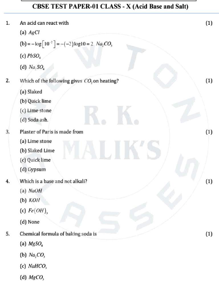 Cbse Test Papers Acid Base Salt | PDF