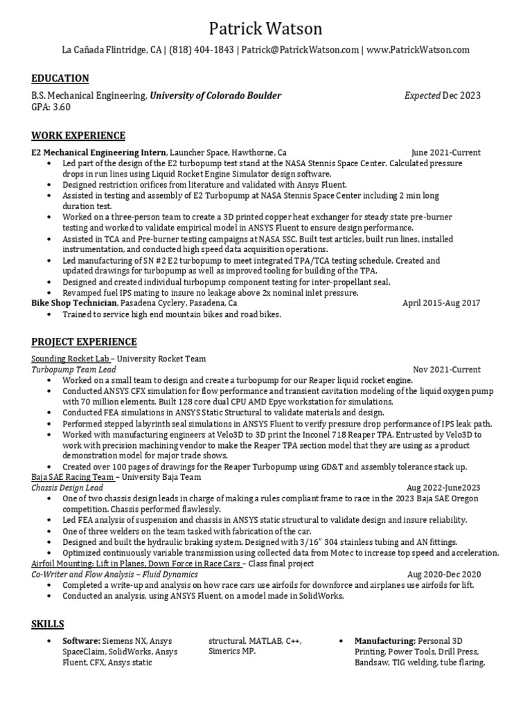 Mechanical Engineering Resume of Patrick Watson | PDF
