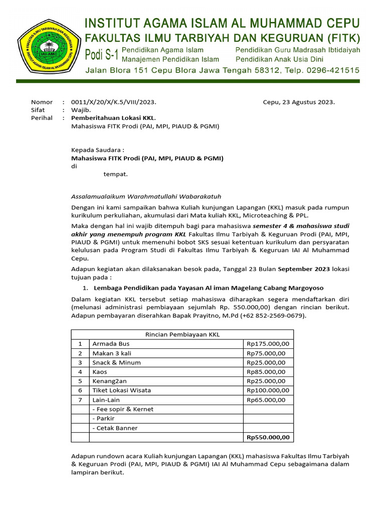 Pemberitahuan & Proposal KKL Fitk 2023 | PDF