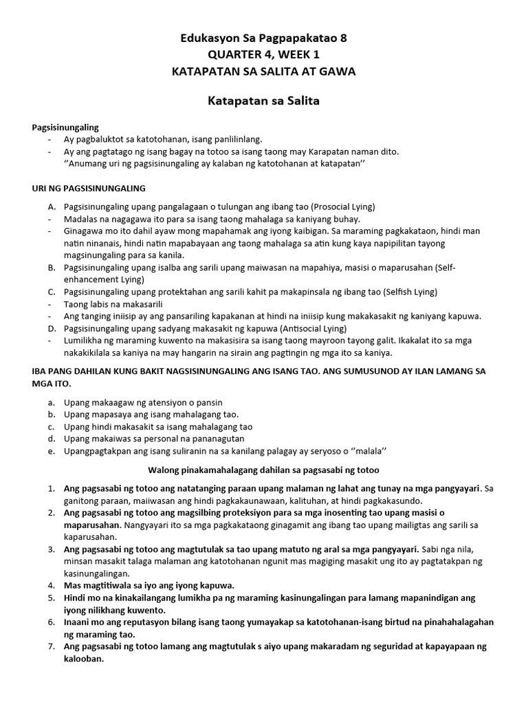 Edukasyon Sa Pagpapakatao 8 Q4 W1 F2F | PDF