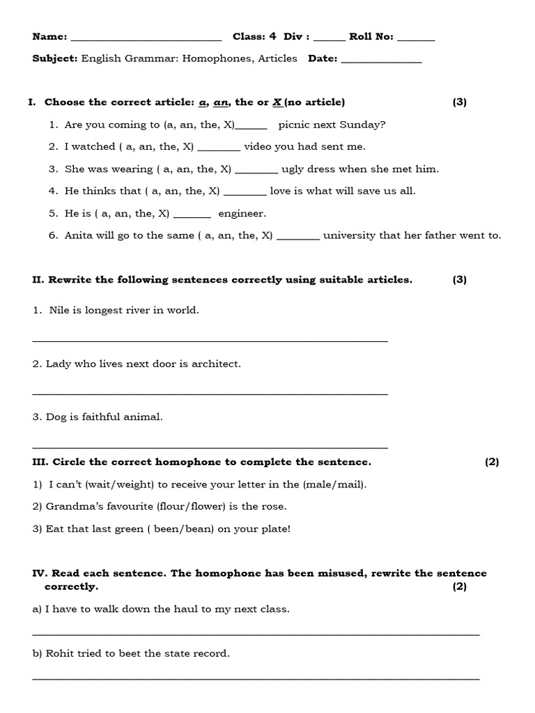 English Grammar Articles & Homophones Class 4 Review | PDF