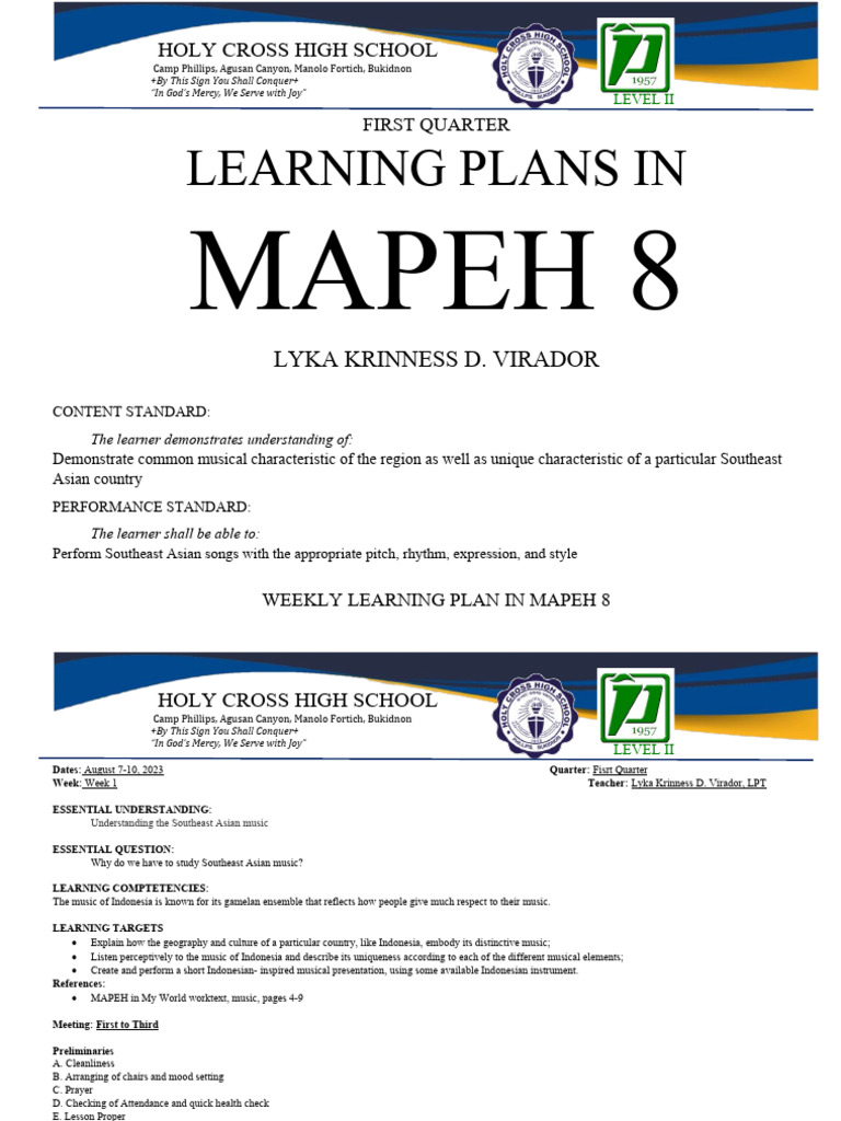 MAPEH 8 Lesson Plan Week 1 | PDF