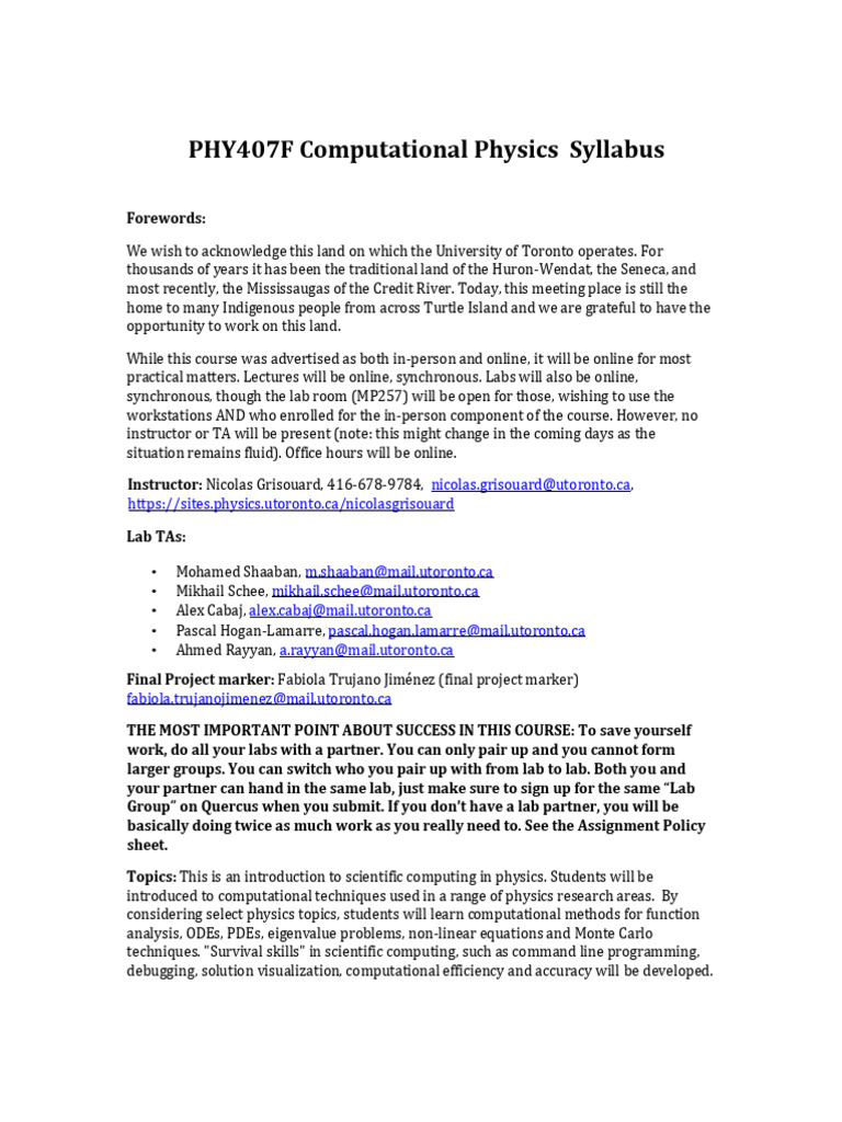 PHY407 Syllabus 2020 | PDF | Teaching Methods & Materials | Computers