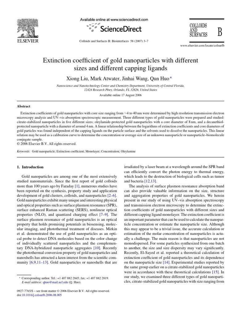 Extinction Coefficient of Gold Nanoparticles With Different Sizes and ...