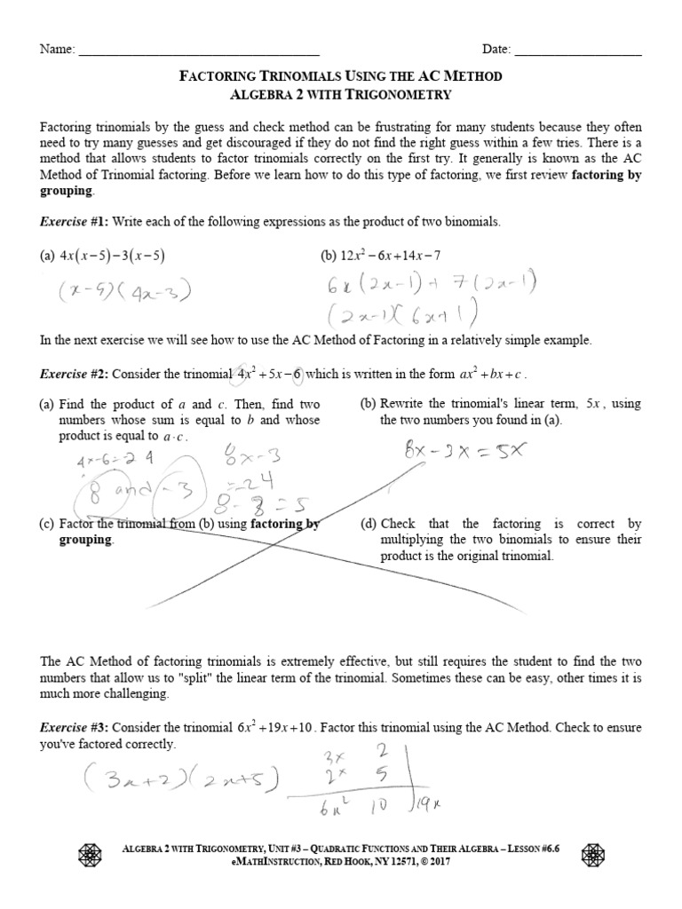 Alg2Trig.unit 3.Lesson 6.6.Factoring Trinomials Using the AC Method | PDF