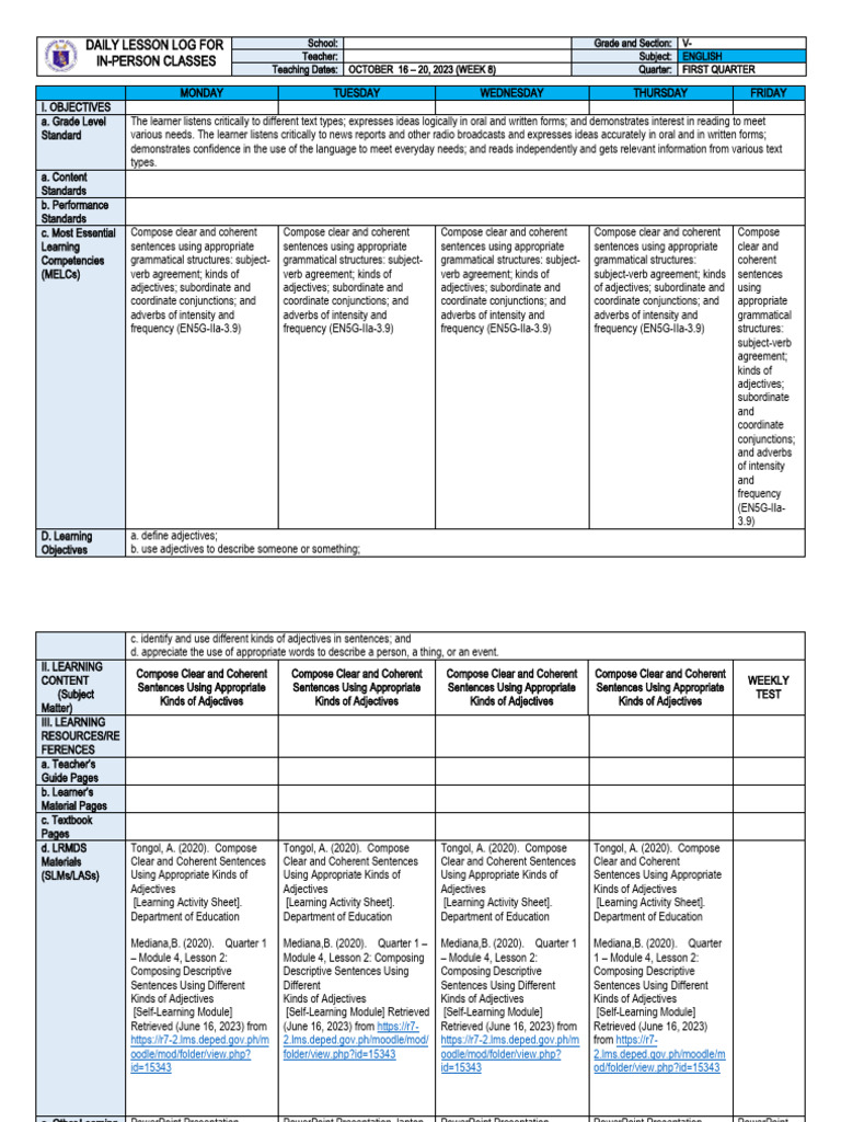 Weekly English Lesson Plan: Adjectives | PDF