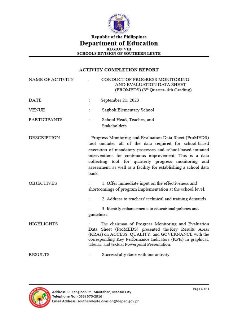 ACR - PROMEDS Q3-4th Grading 2023 | PDF | Monitoring And Evaluation | Evaluation