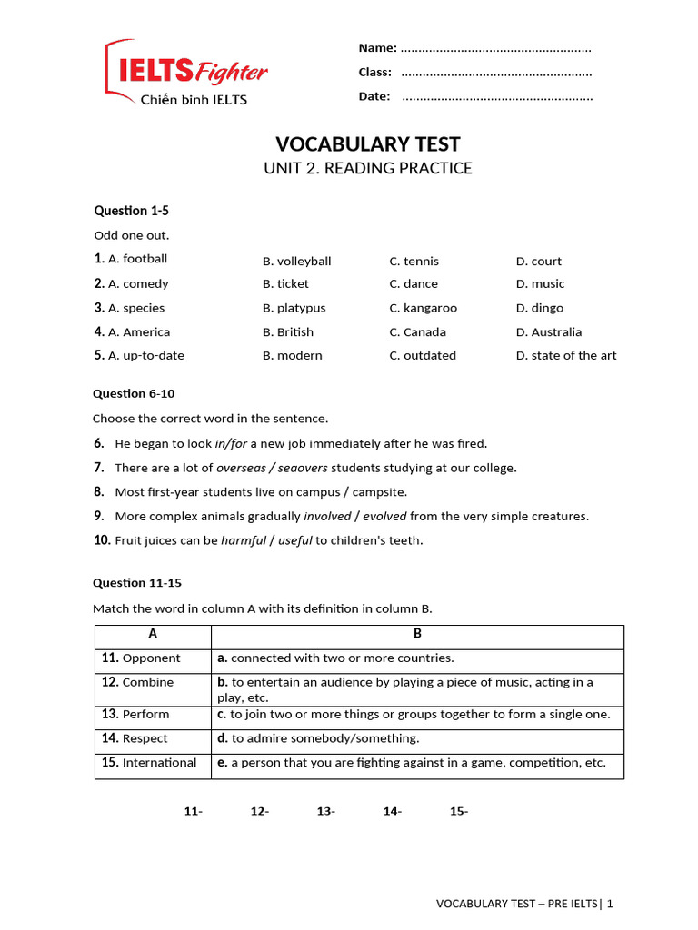 Vocab Test 5. Unit 2. Reading. Reading Practice 1 | PDF | Foreign ...