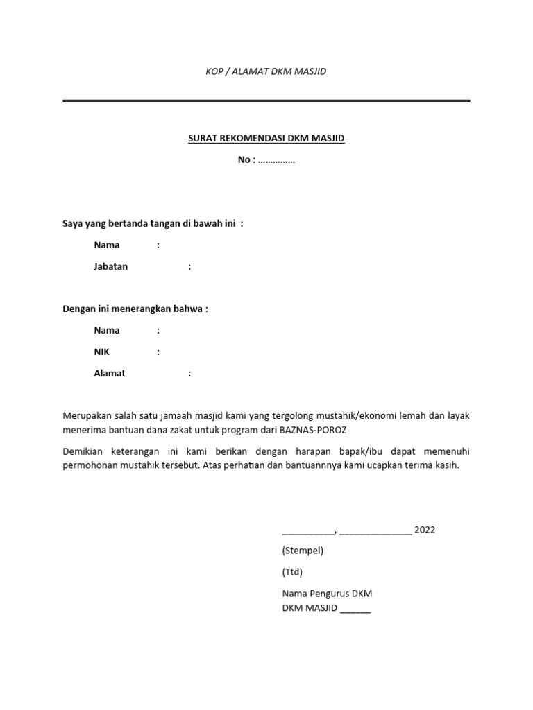 Contoh Format Surat Rekomendasi DKM Masjid | PDF