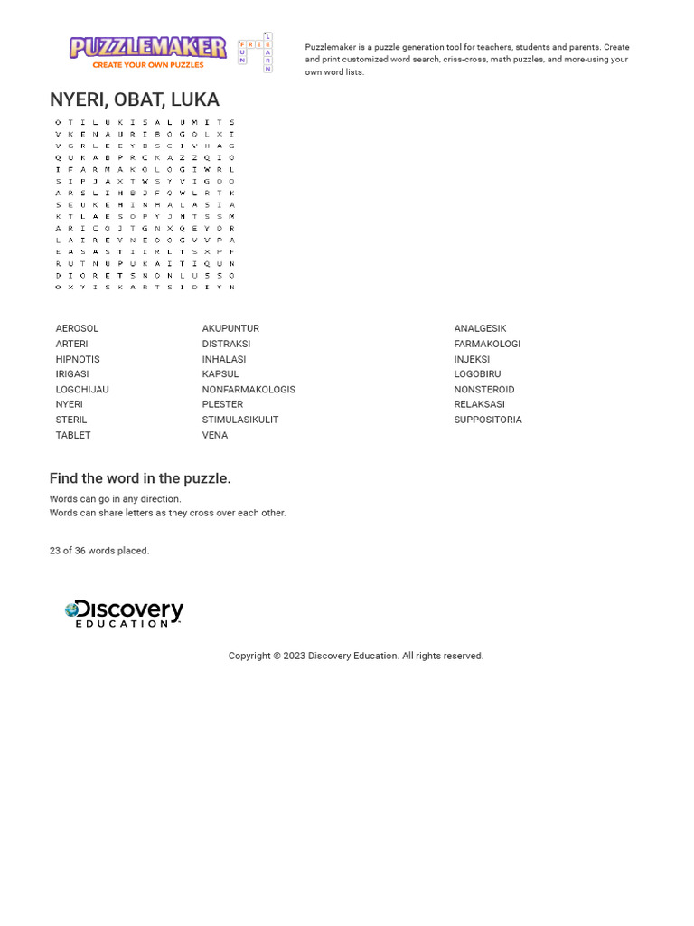 Word Search Puzzle - Discovery Education Puzzlemaker | PDF