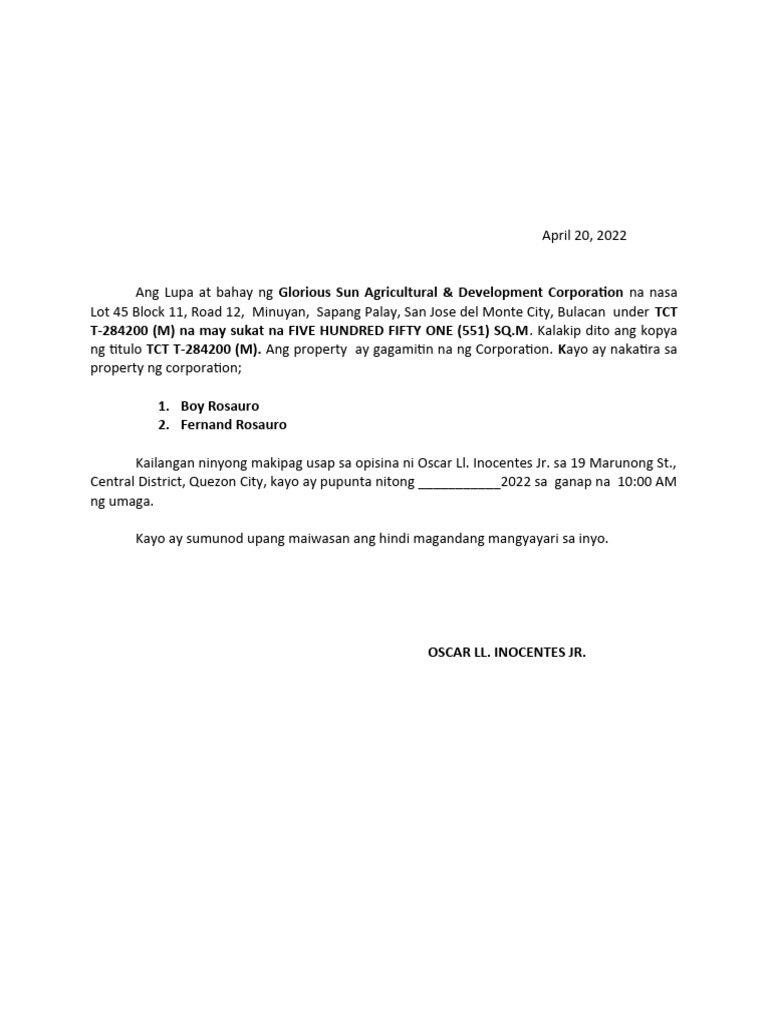 Sulat para Sa Nakatira (Sapangpalay) | PDF