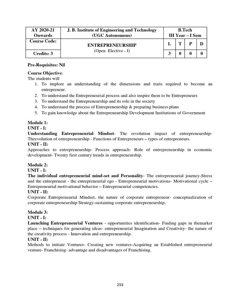 Entrepreneurship Syllabus | PDF
