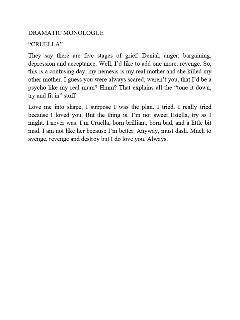 Cruella's Grief and Revenge Monologue | PDF