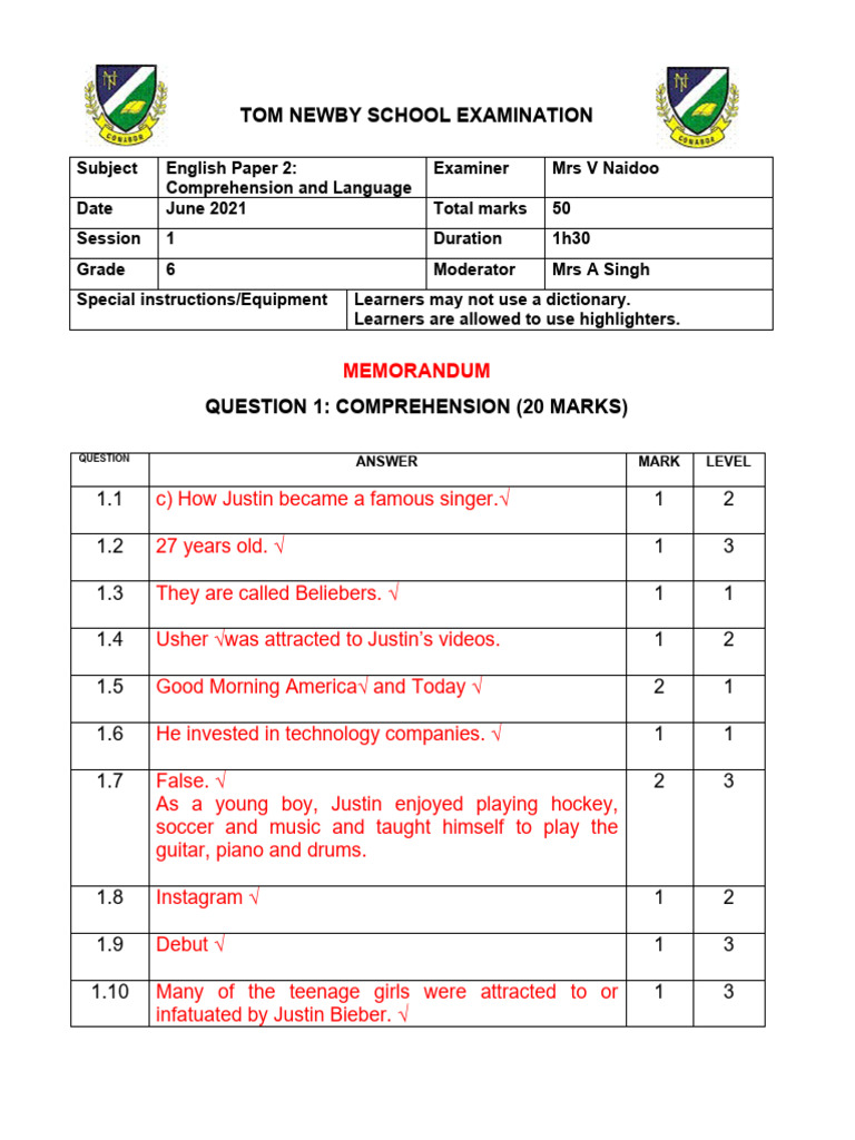 Grade 6 English Memo June 2021 VN AS GM JP | PDF
