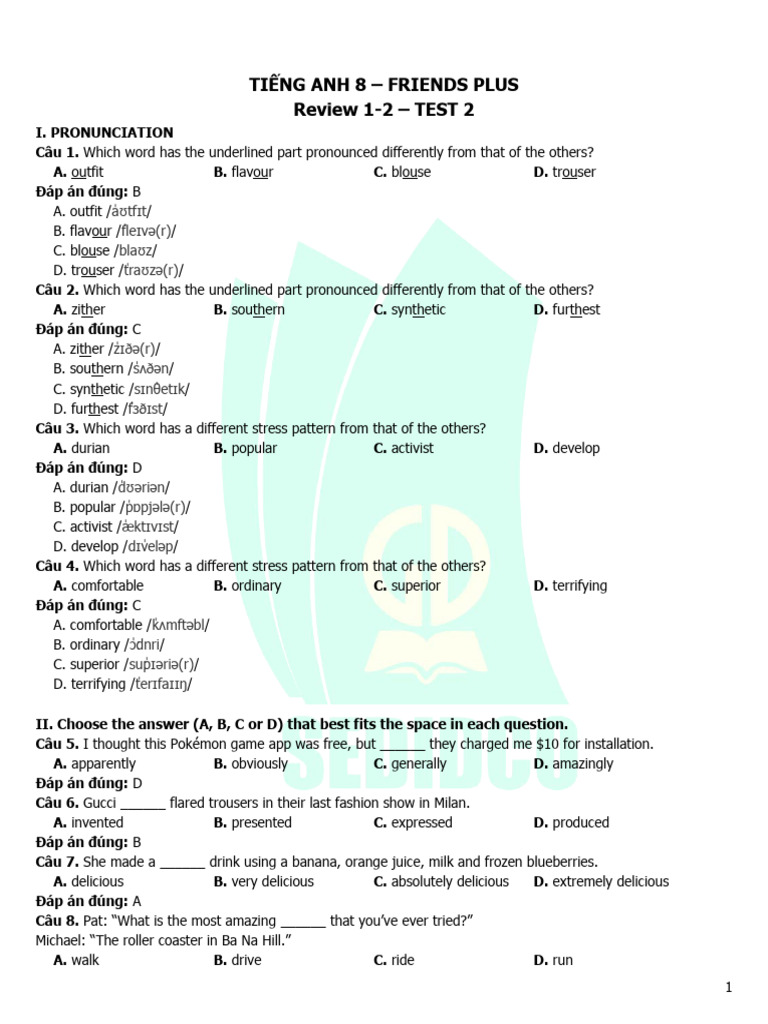 Tieng Anh 8 Friends Plus - Review 1-2 - Test 2 (Key) | PDF