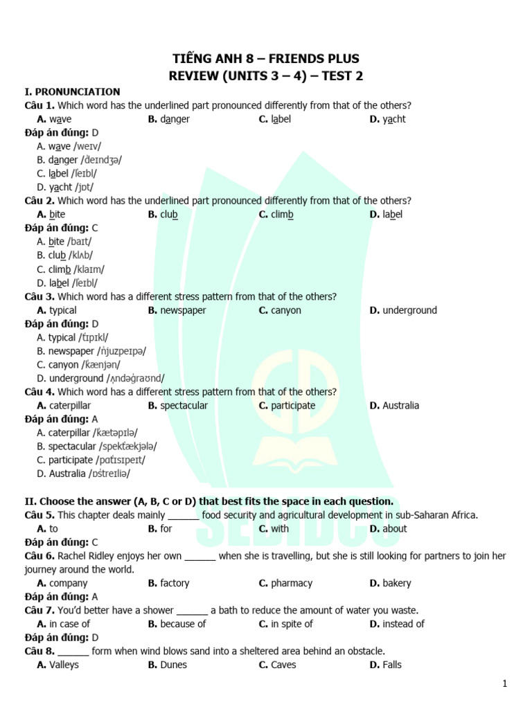 Tieng Anh 8 Friends Plus - Review 3-4 - Test 2 (Key) | PDF