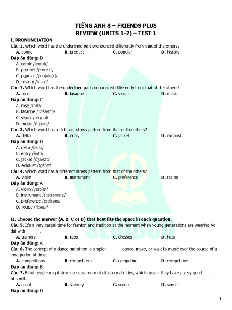 Tieng Anh 8 Friends Plus - Review 1-2 - Test 1 (Key) | PDF