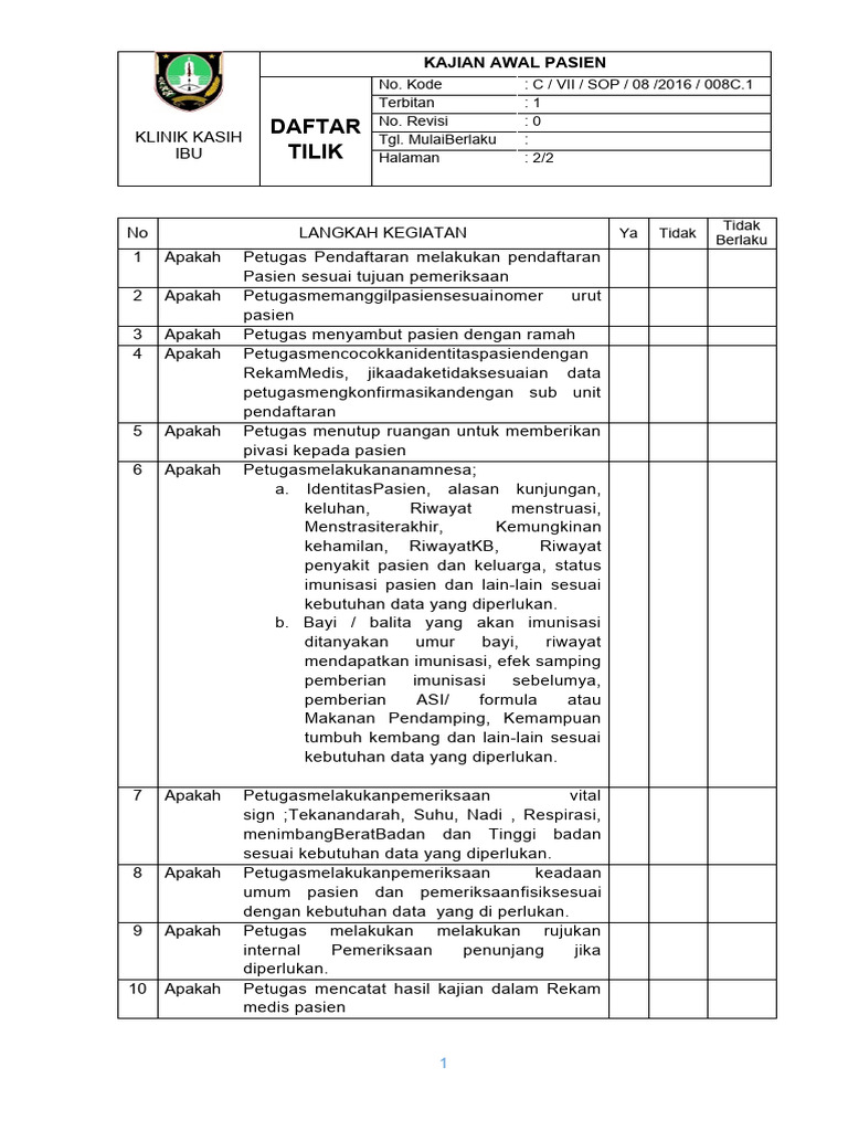 PKP 5.3 Daftar Tilik Kajian Awal Pasien | PDF PKP 5.3 Daftar Tilik Kajian Awal Pasien | PDF