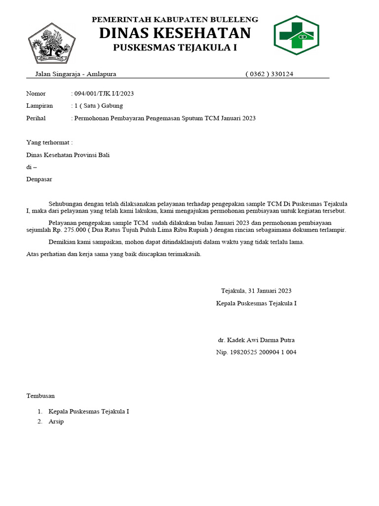 Surat Permohonan Pengajuan Sputum TCM Prov | PDF