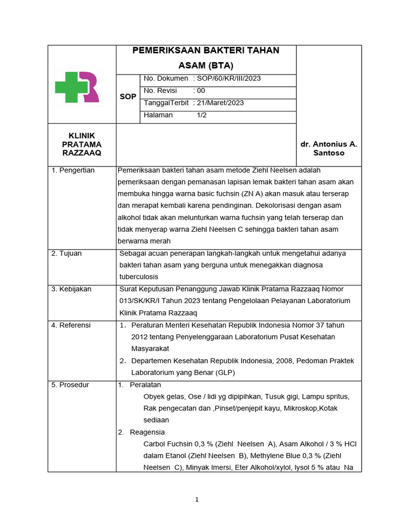 Pemeriksaan Bakteri Tahan Asam Metode Ziehl Neelsen | PDF
