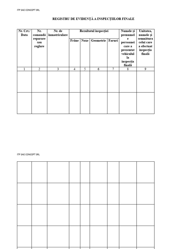 Registru de evidenta a inspectiilor finale Service Auto | PDF