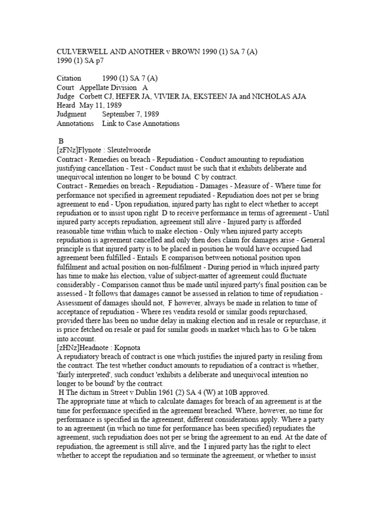Culverwell V Brown 1990 | PDF | Breach Of Contract | Lease