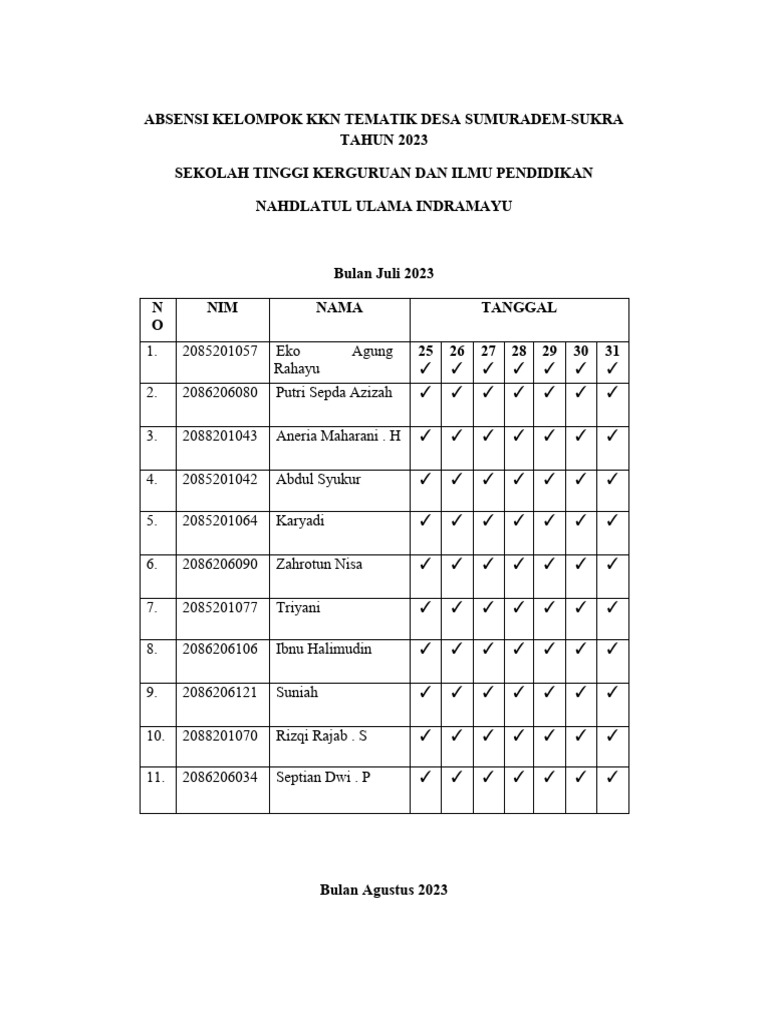 Absensi Kelompok KKN Tematik Desa Sumuradem - 1 | PDF