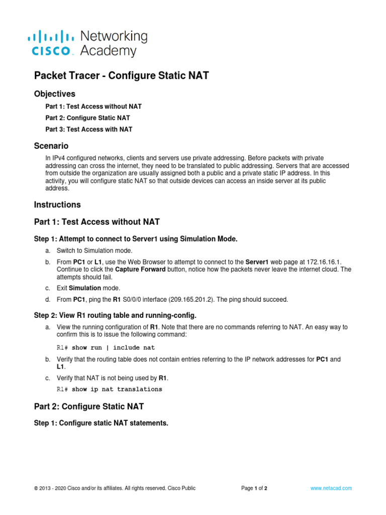 6.4.5 Packet Tracer - Configure Static NAT | PDF | Computers
