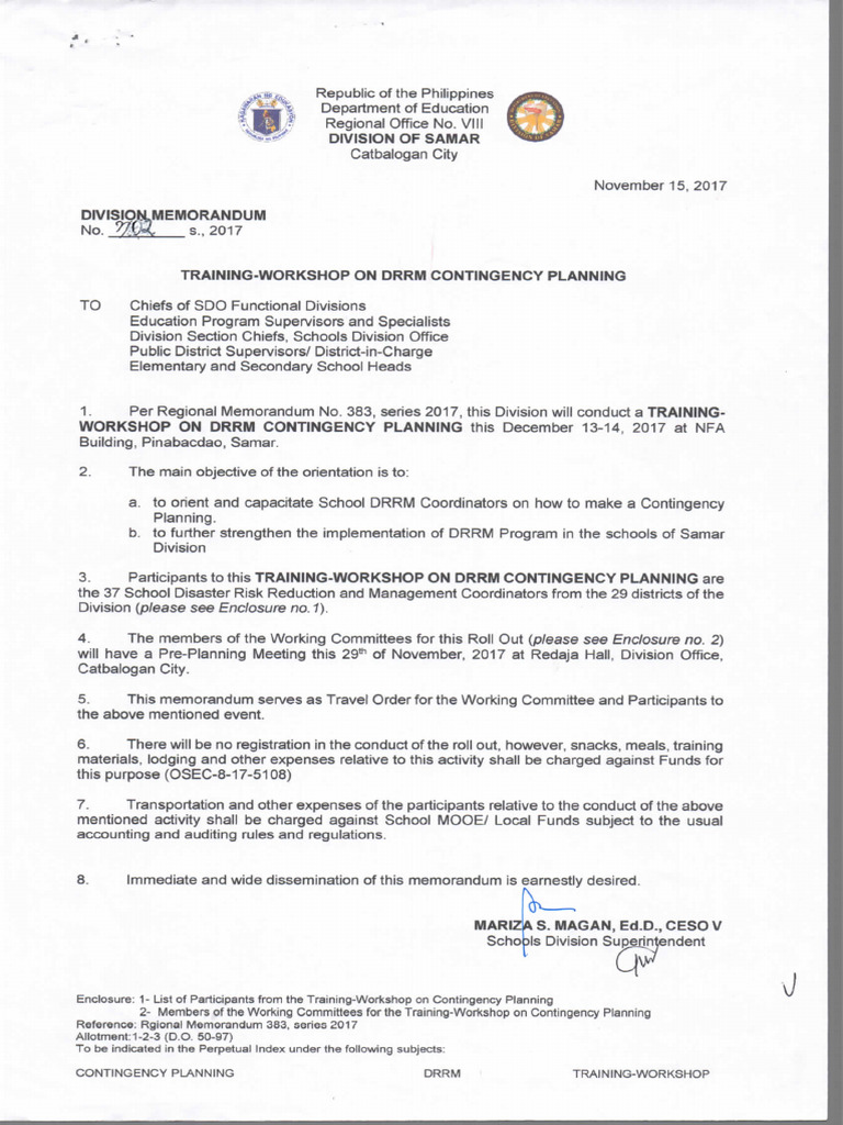 Division Memo302-Training -Workshop on DRRM Contingency Planning | PDF