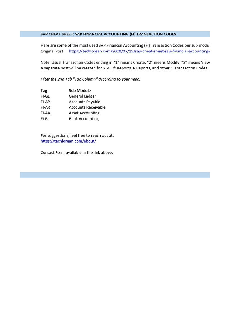 Sap Cheat Sheet Fi Tcodes Techlorean | PDF
