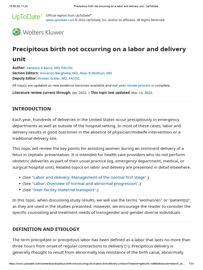 UpToDate - Precipitous birth not occurring on a labor and delivery unit ...
