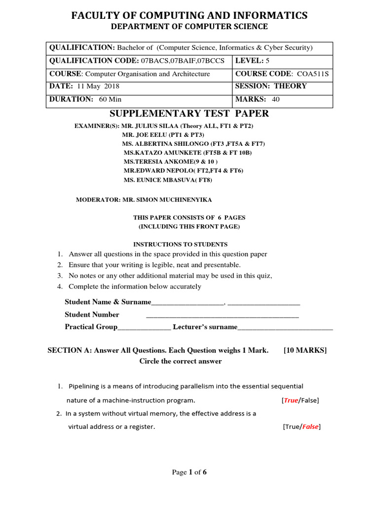 COA511S Supplementary TEST Memo | PDF | Central Processing Unit ...