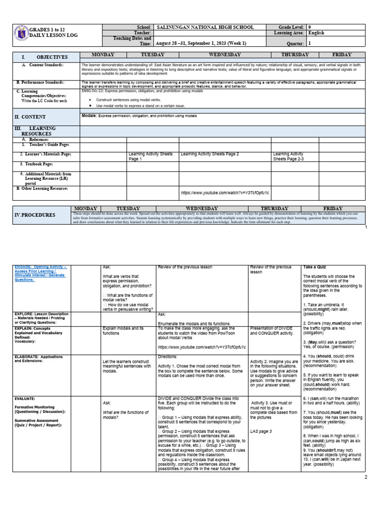DLL English 9 Q1 W1 | PDF